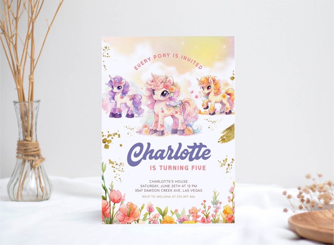 Pony Birthday Invitation, Pony Invite, Modern My Little Pony Girls ...