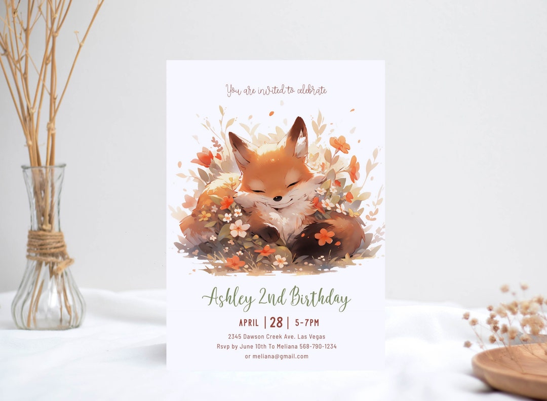Cute Autumn Fox Birthday Invitation, Fairy Forest Animal Birthday ...
