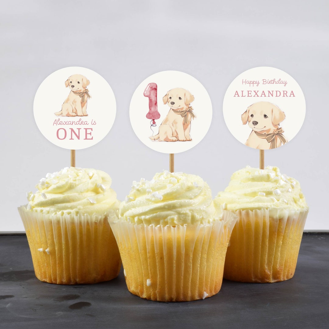 Editable Watercolor Pink Puppy Cupcake Toppers, Puppy Pawty Birthday ...
