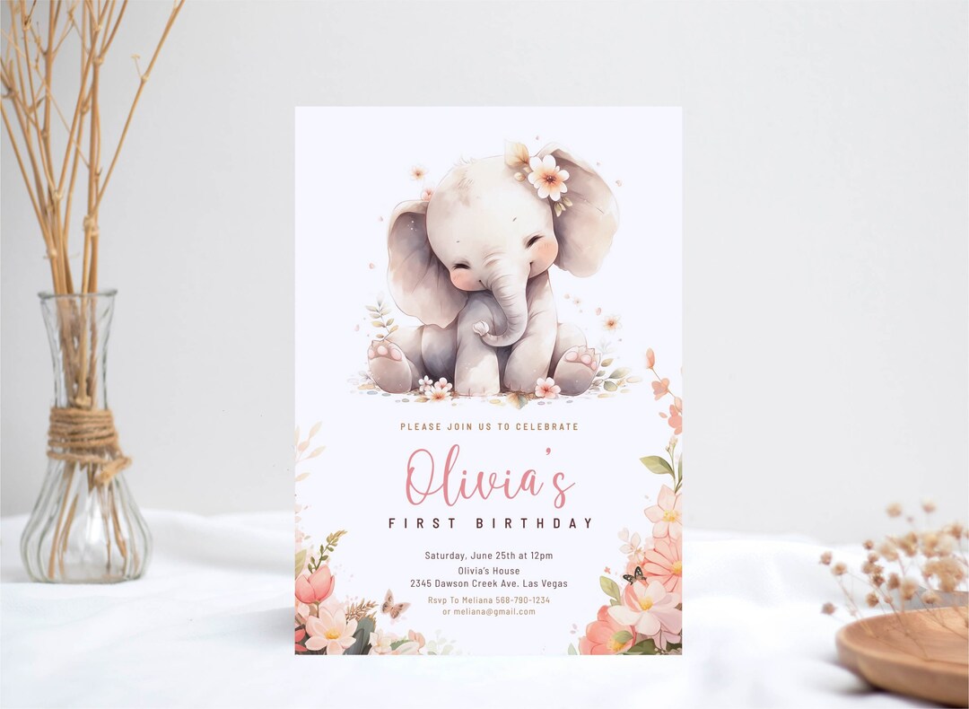 Pink Floral Elephant First Birthday Editable Invitation, Printable Girl ...
