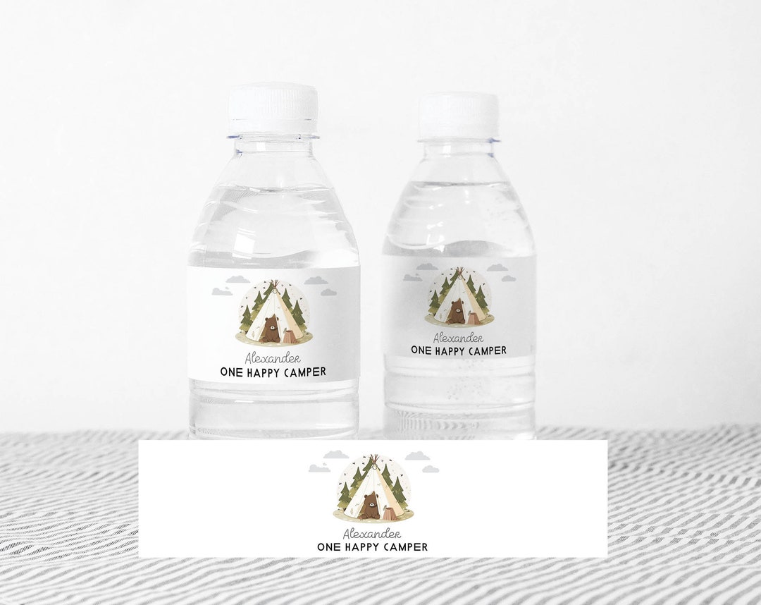 Happy Camper Water Bottle Labels, One Happy Camper, Camping Bear ...