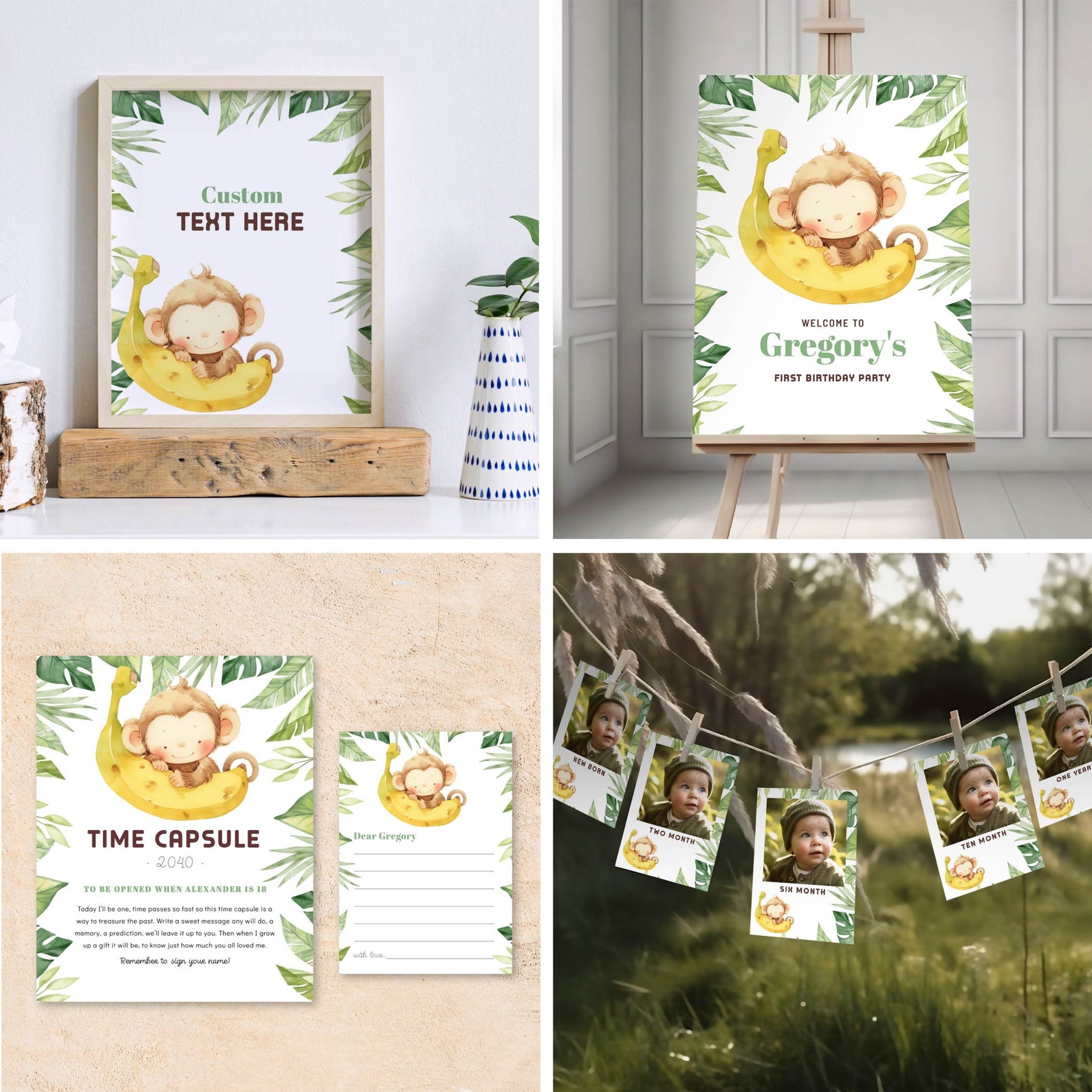 Editable Curious Monkey Food Tents, Jungle Safari Birthday Decorations ...