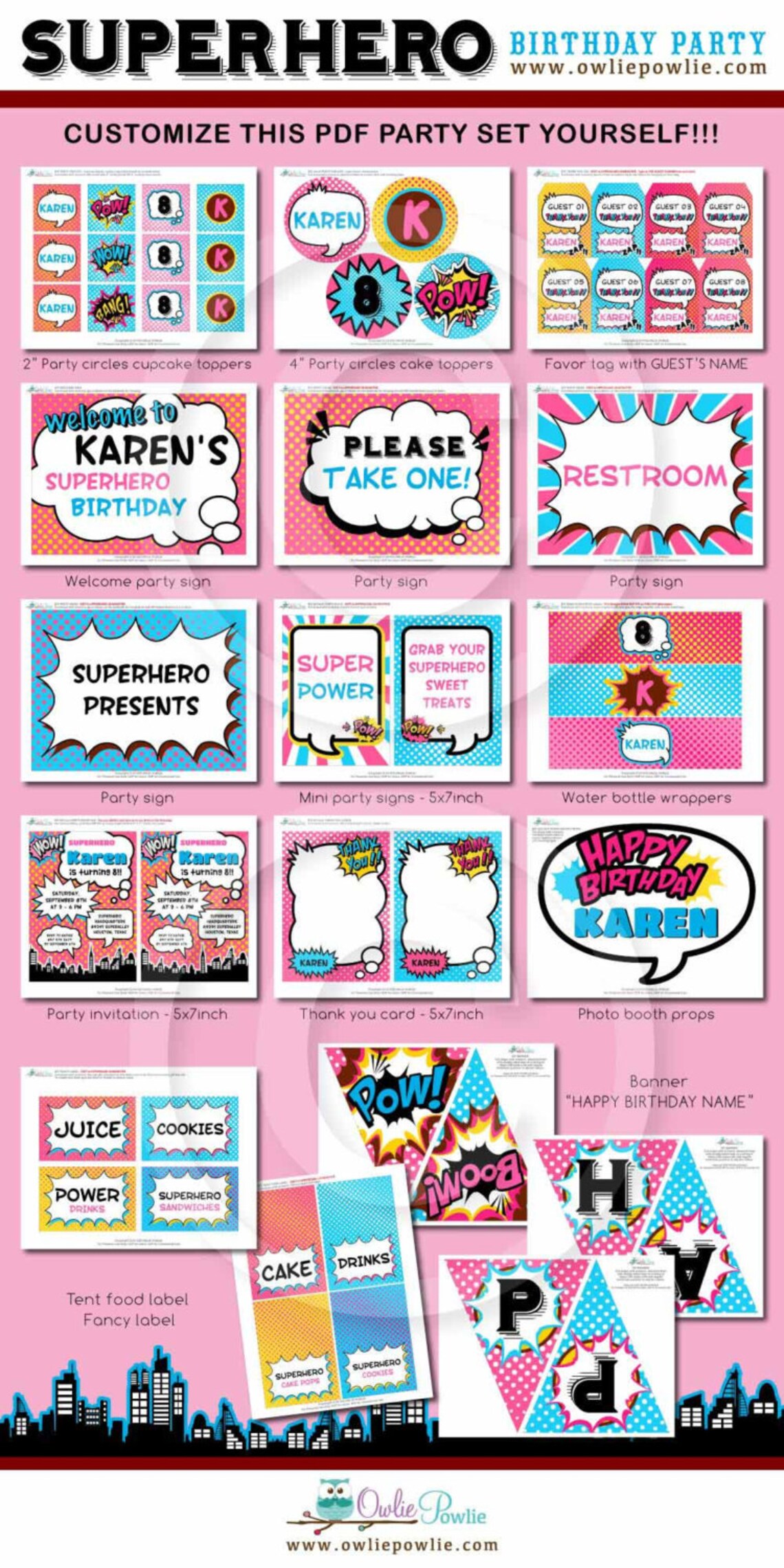 Girl Superhero BIRTHDAY Party Printable Package & Invitation, EDITABLE ...