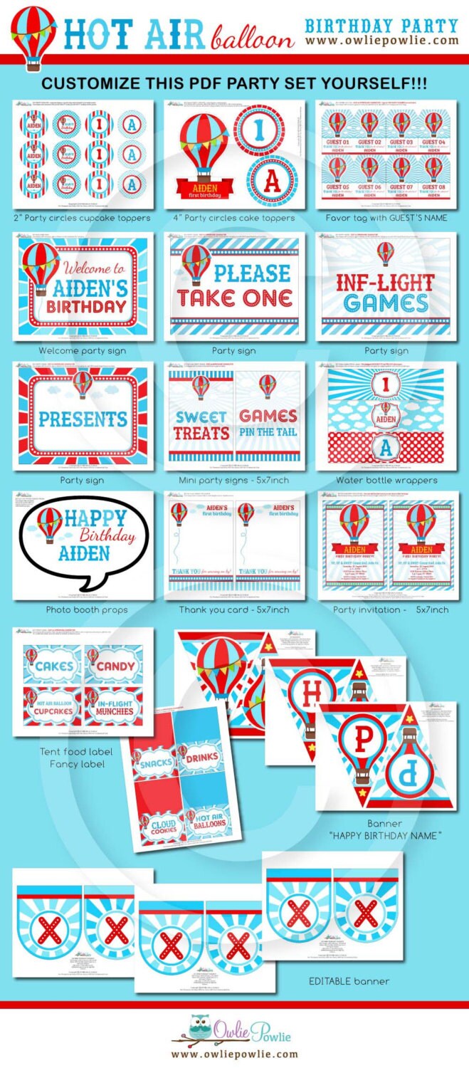 Hot Air Balloon BIRTHDAY Decorations EDITABLE Party Printable | Etsy