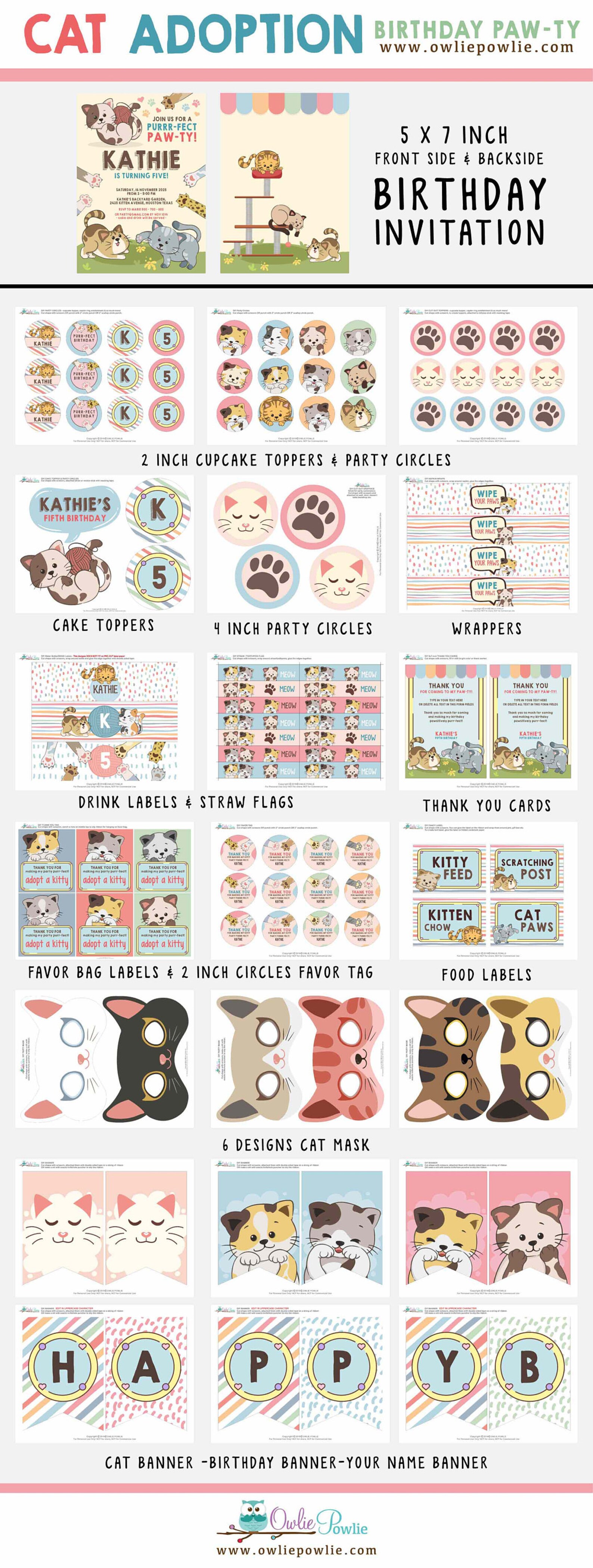 Cat Adoption BIRTHDAY Party, EDITABLE Printable Package & Invitation ...