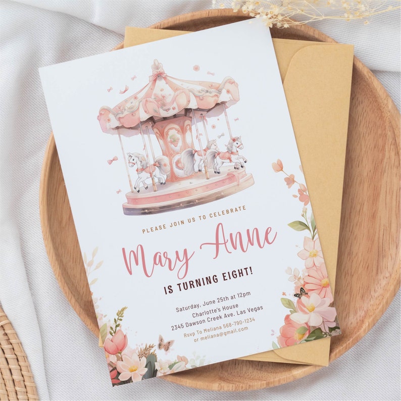 The Carousel Birthday Invitation, Pink Carousel, Grandmillenial, Preppy ...