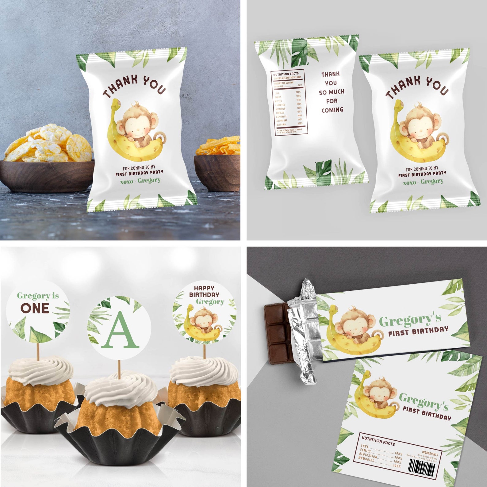 Editable Curious Monkey Food Tents, Jungle Safari Birthday Decorations ...