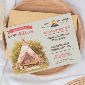 Pink Glamping Invitation,camp Out Sleepover Party, EDITABLE Birthday ...