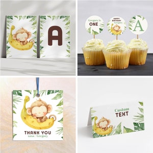 Editable Curious Monkey Food Tents, Jungle Safari Birthday Decorations ...