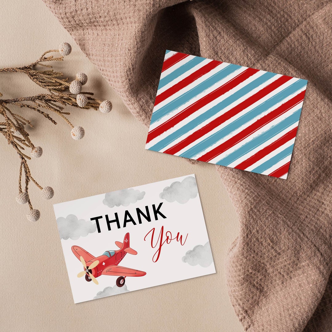 Editable Red Airplane Thank You Card, Modern Airplane Birthday ...