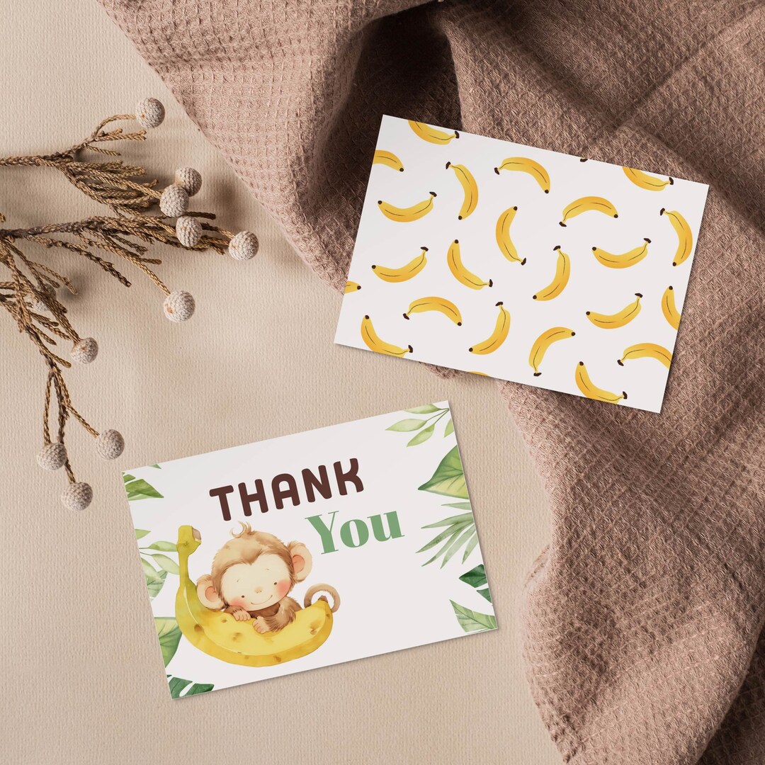 Editable Curious Monkey Thank You Card, Jungle Safari Birthday ...
