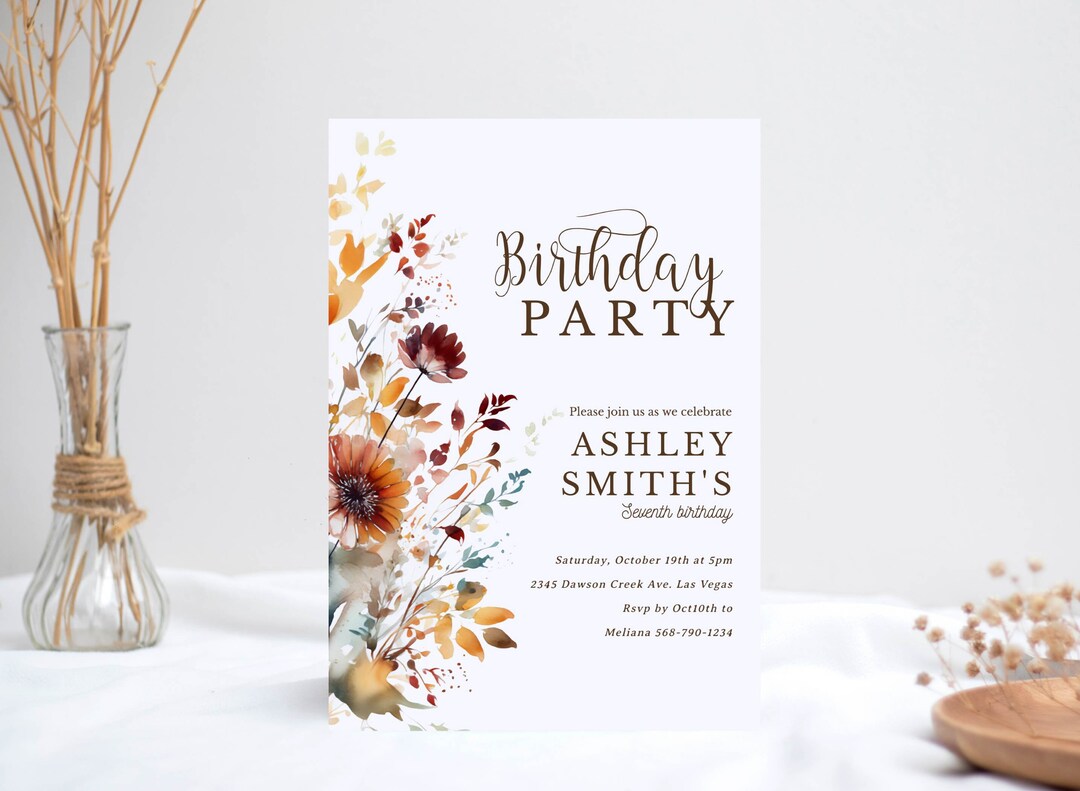 Fall Floral Birthday Invite, Autumn Birthday Party Invitation, Pressed ...