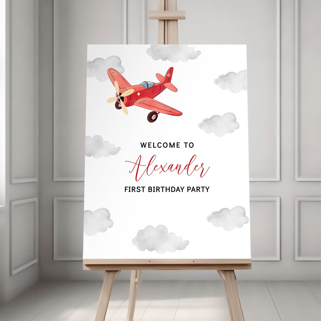 Editable Red Airplane Welcome Sign Template, Modern Airplane Birthday ...