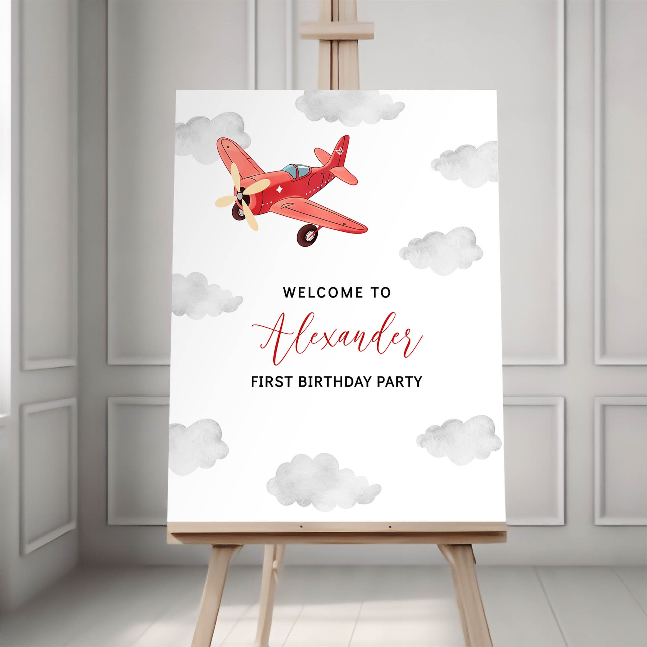 Editable Red Airplane Welcome Sign Template, Modern Airplane Birthday ...