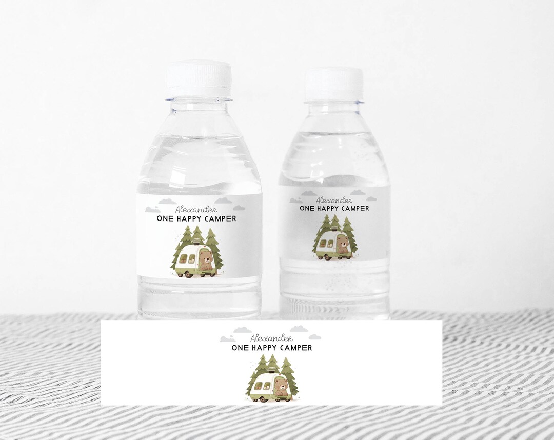 Happy Camper Water Bottle Labels, One Happy Camper, Camping Bear ...