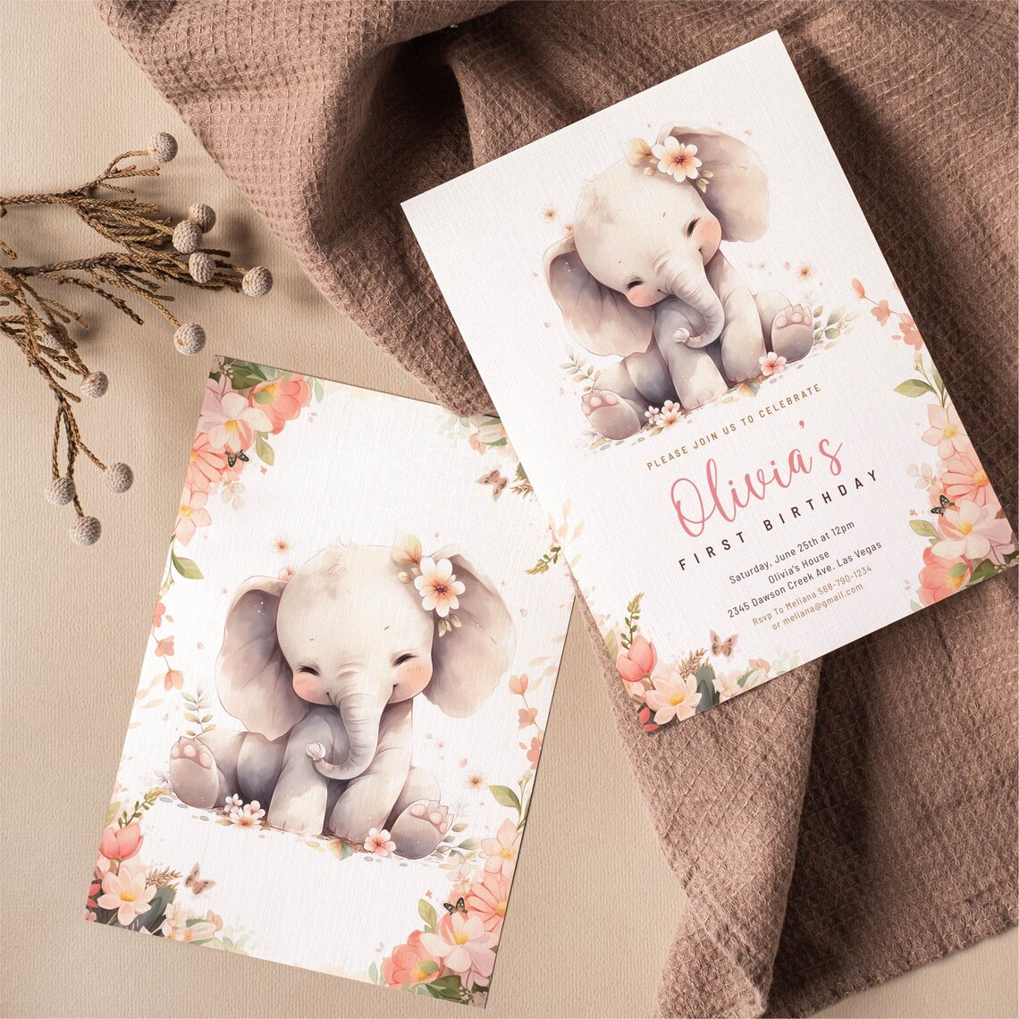 Pink Floral Elephant First Birthday Editable Invitation, Printable Girl ...