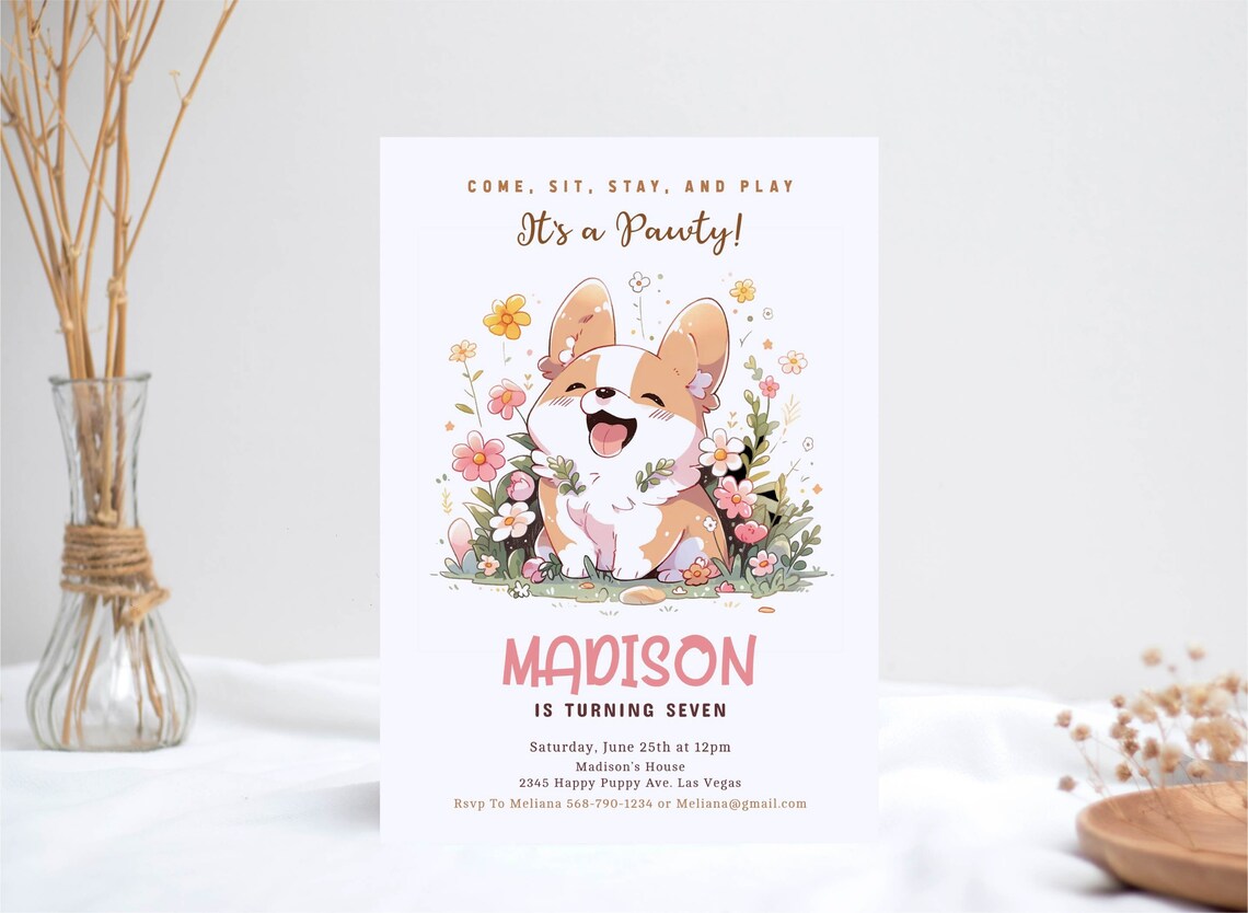 Dog Birthday Invitation Corgi Puppy Invitation Lets Pawty Birthday ...