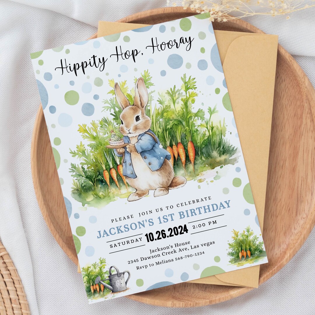 Editable Peter Rabbit Birthday Invitation Boy Blue Rustic Peter Rabbit ...