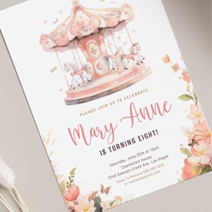 The Carousel Birthday Invitation, Pink Carousel, Grandmillenial, Preppy ...