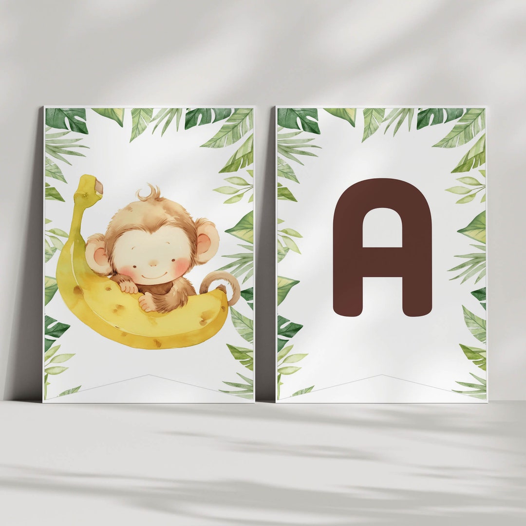 Editable Curious Monkey Birthday Banner, Jungle Safari Birthday ...
