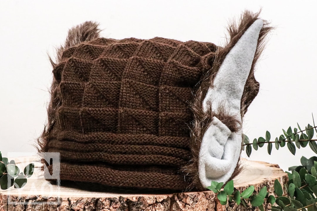 Slouch Knit Brown Beanie Hat Cap With Large Fuzzy Brown Fur Werewolf ...