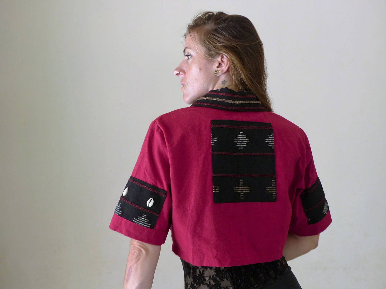 Ethnic Woman Red Bolero Jacket,3/4 Tribal Flared, Woven Cotton Panels ...