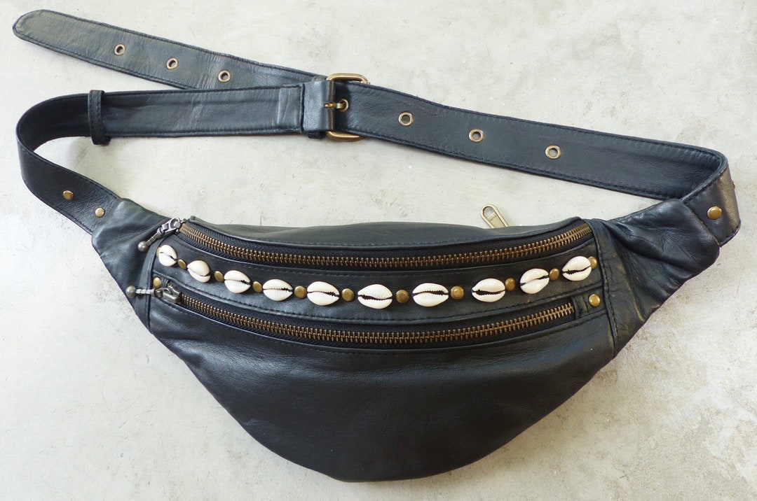 Black Seashell Cowrie Studded Genuine Leather Fanny Pack Festival ...