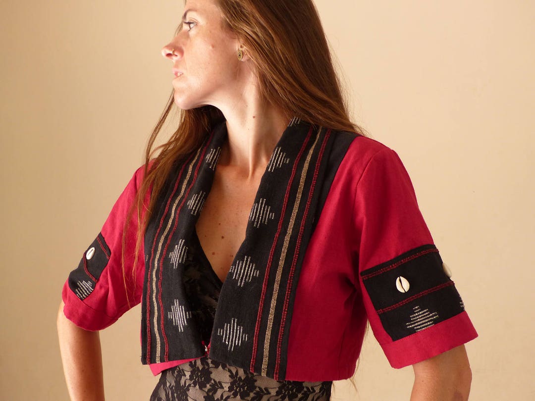 Ethnic Woman Red Bolero Jacket,3/4 Tribal Flared, Woven Cotton Panels ...