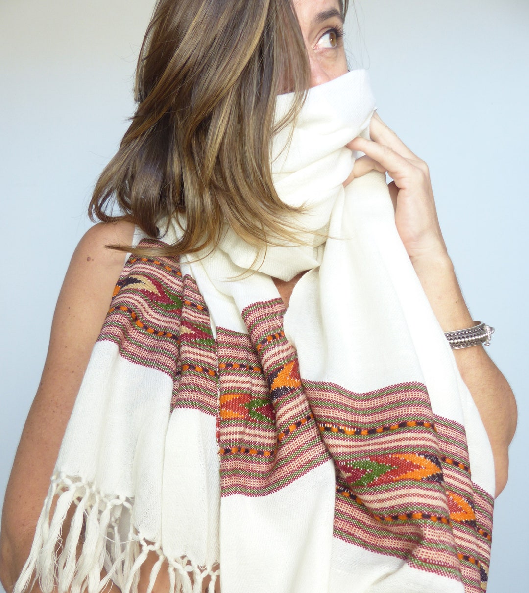 Buy White Angora Wool Shawl Scarf Colorful Bands Tribal Ethnic Kullu ...