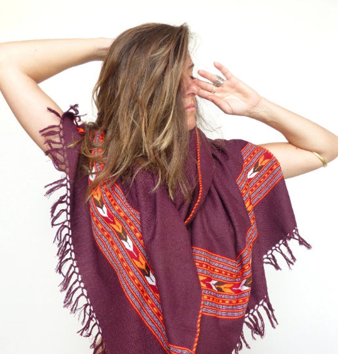 Plum Shawl Scarf in Yak Wool With Colorful Stripes Ethnic Himalayas - Etsy