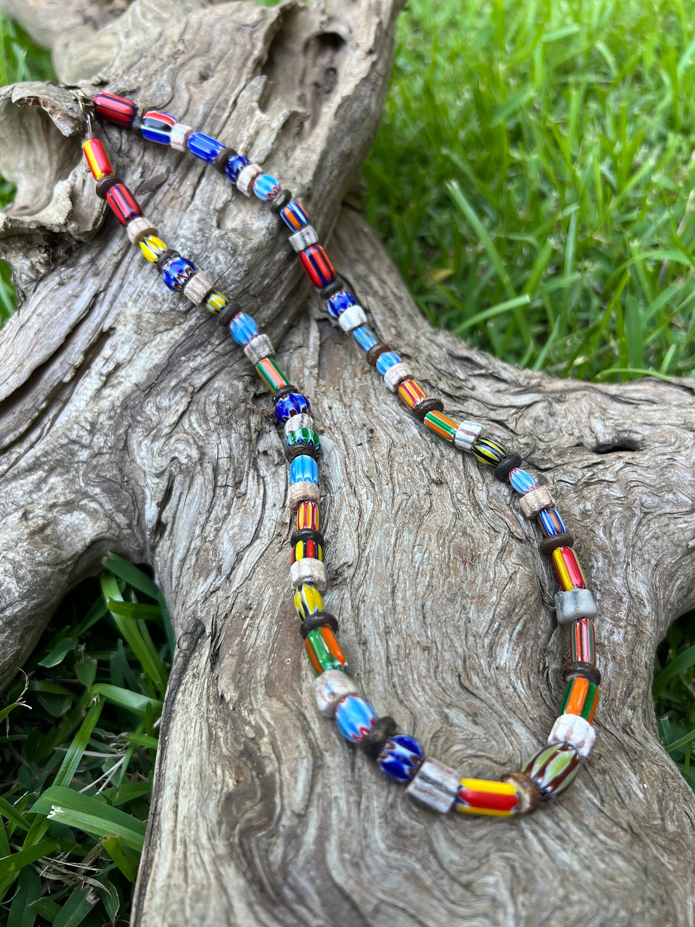 Tribal Glass and African Bead Beaded Necklace * Unisex * African ...