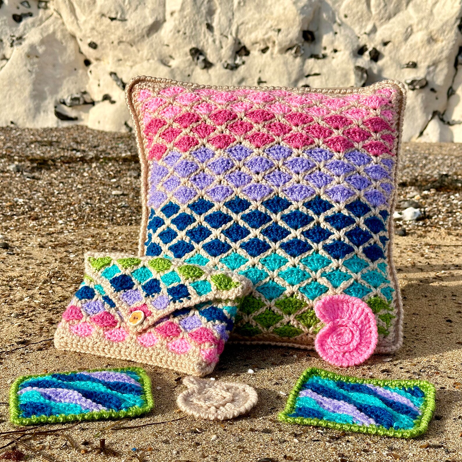 Mermaid Stitches Crochet Pattern for a Cushion, Clutch Bag and Coasters ...