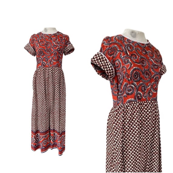 1970s rust, navy and cream patterned maxi dress // BO… - Gem