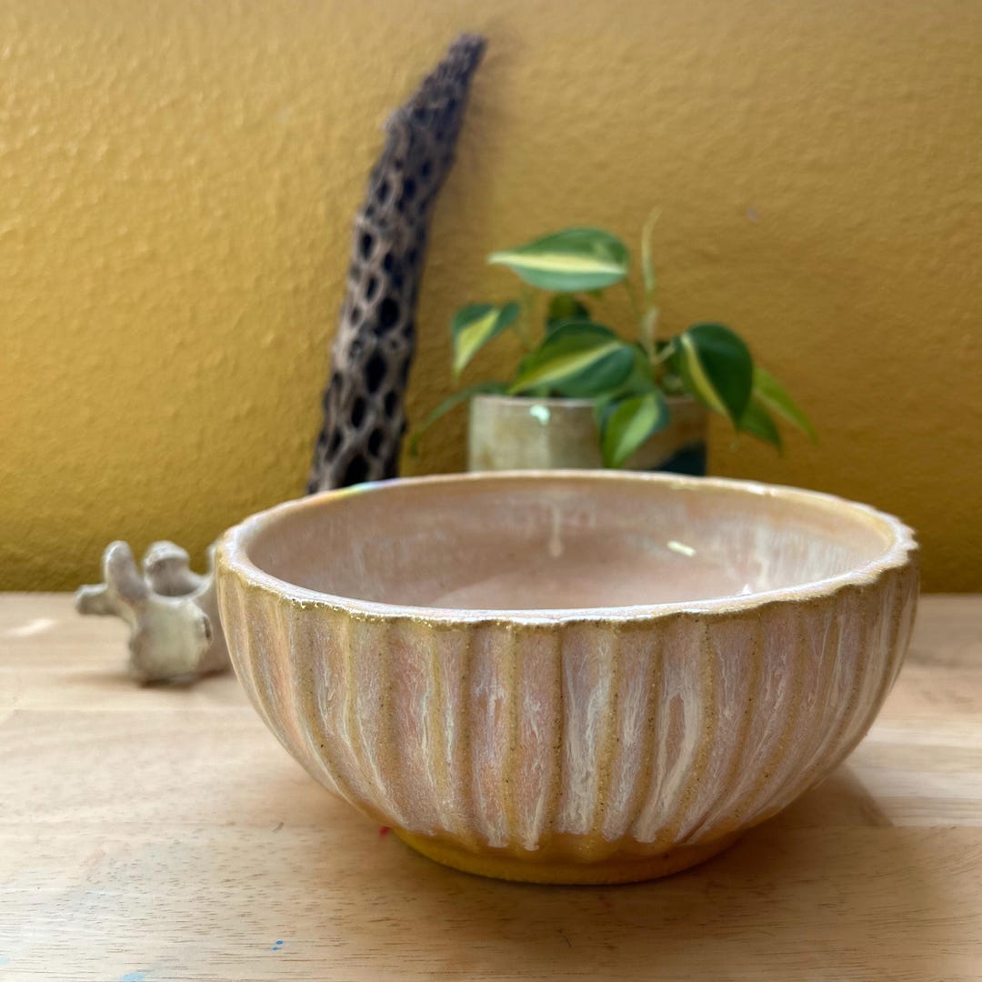 Yellow and White Fluted Serving Bowl // Medium-sized Handmade Ceramic ...
