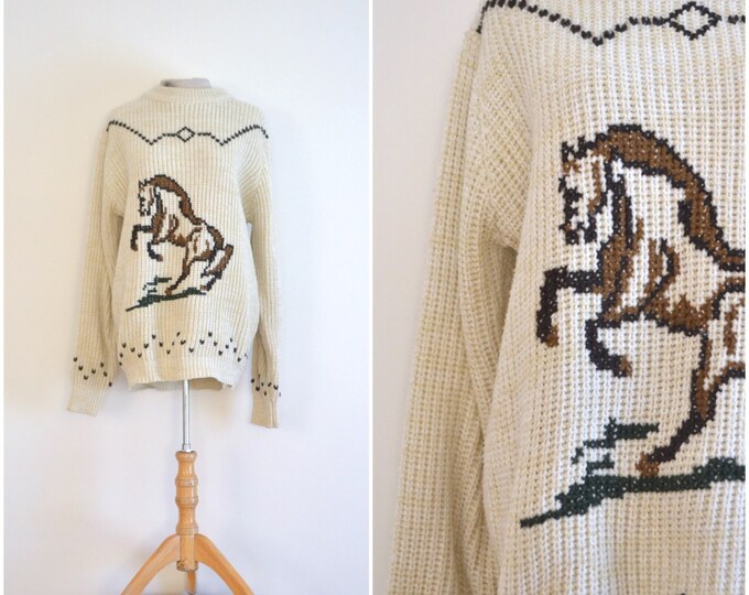 Vintage Knitted Cream Horse Sweater // Equestrian 1970s Southwestern ...