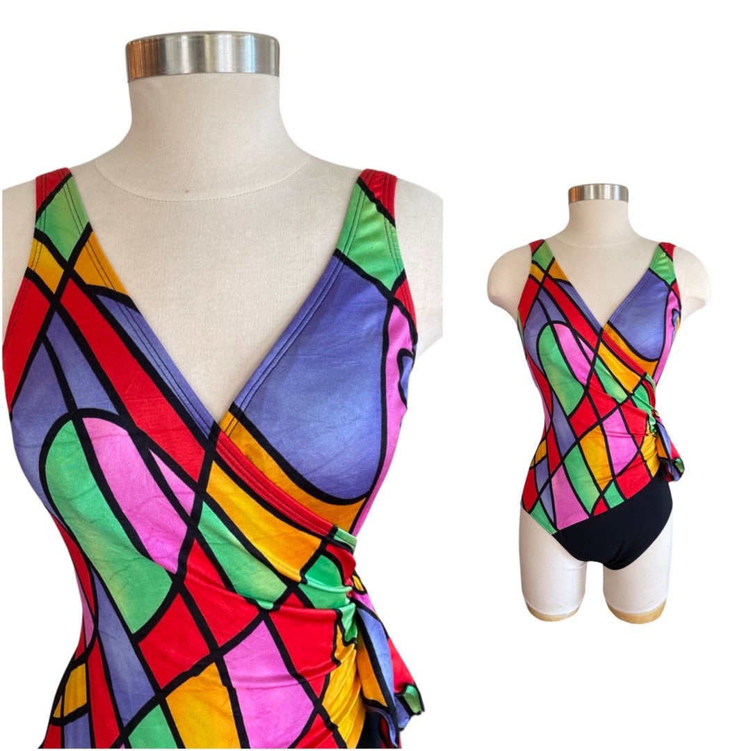 MEDIUM / LARGE 90s Stained Glass Swimsuit // 1990s One-piece Modernism ...