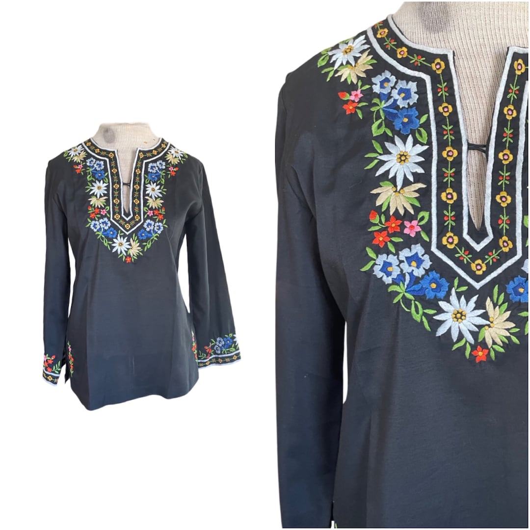 Vintage Hippie Tunic in Black With Floral Embroidery // 1970s Style ...