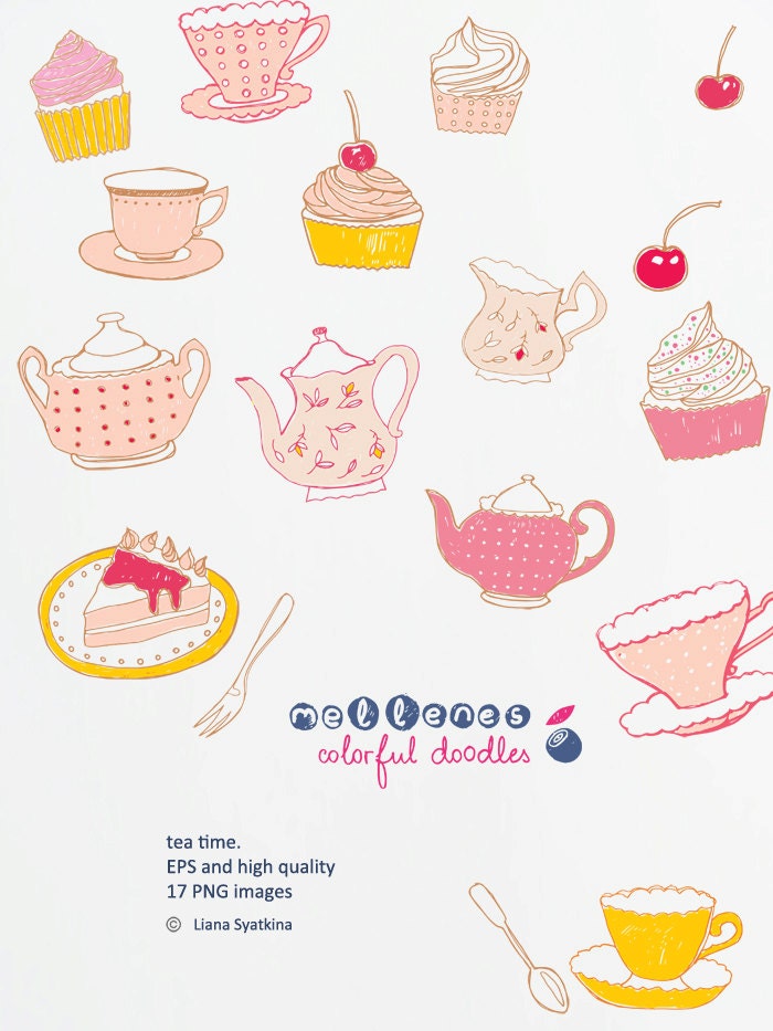 Hand Drawn Tea Time Clip Art Set. Vector EPS and 17 High | Etsy