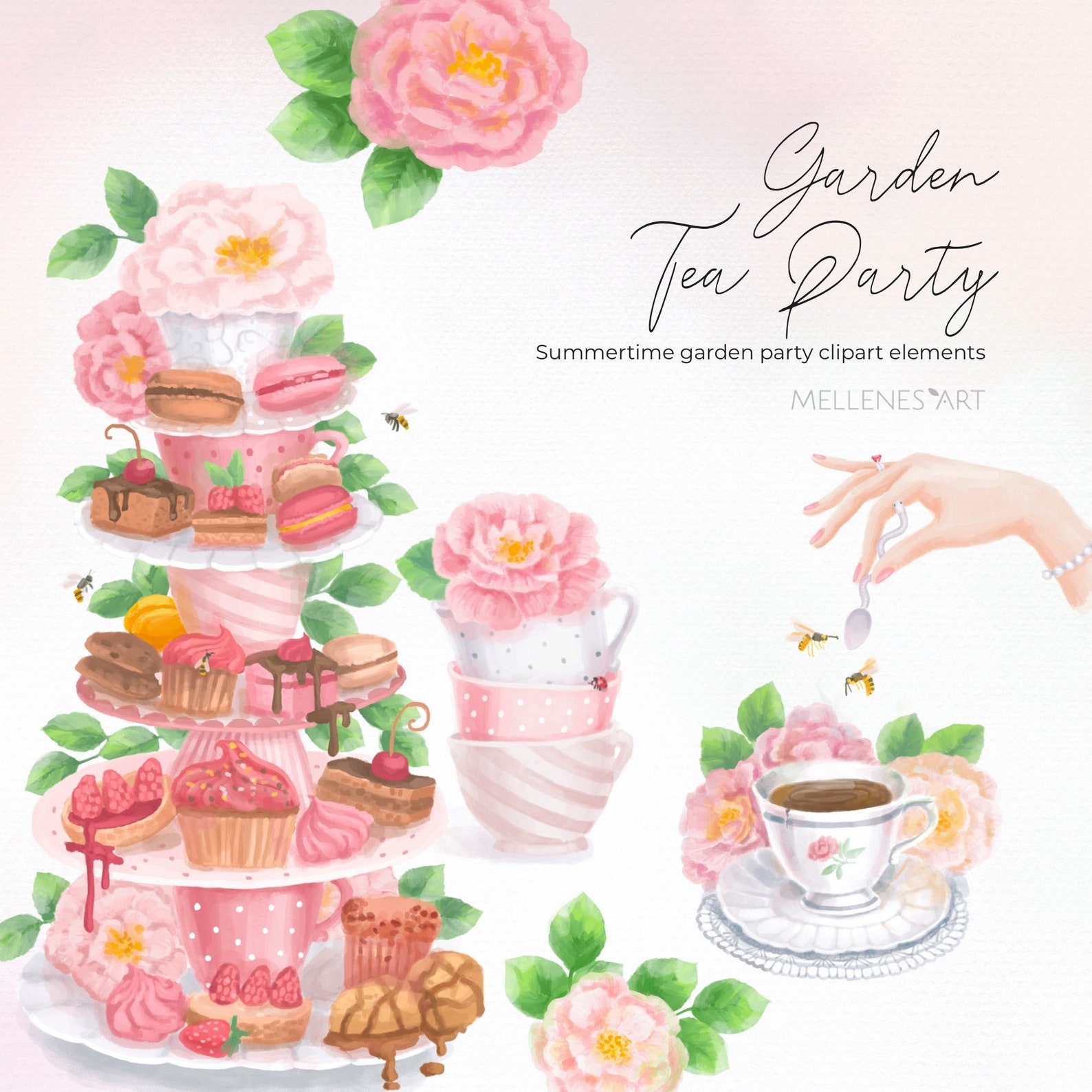 Garden Tea Party Clip Art Elements. Watercolor Summertime Illustrations ...