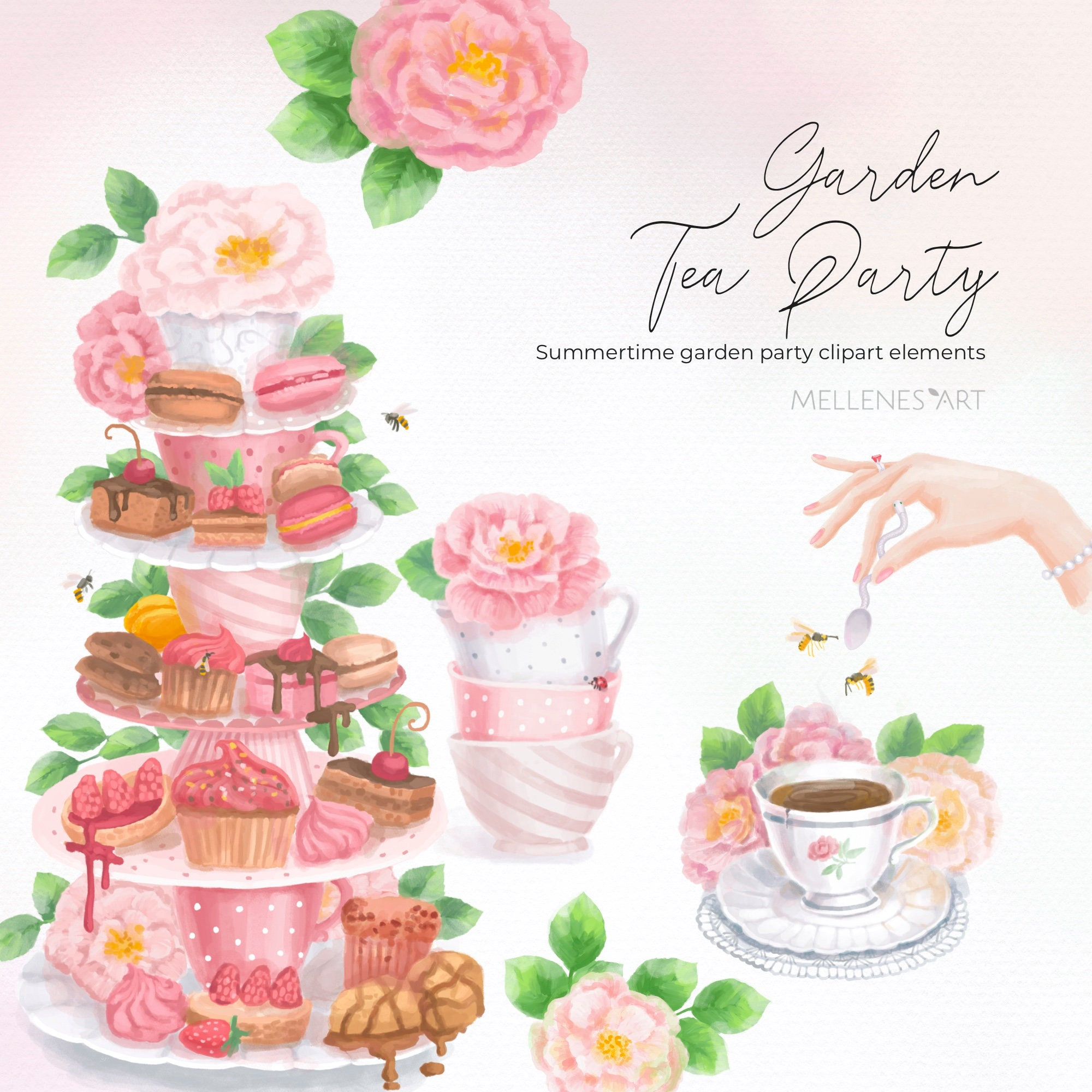 Garden Tea Party Clip Art Elements Watercolor Summertime Illustrations Tea Cup Tea Pot