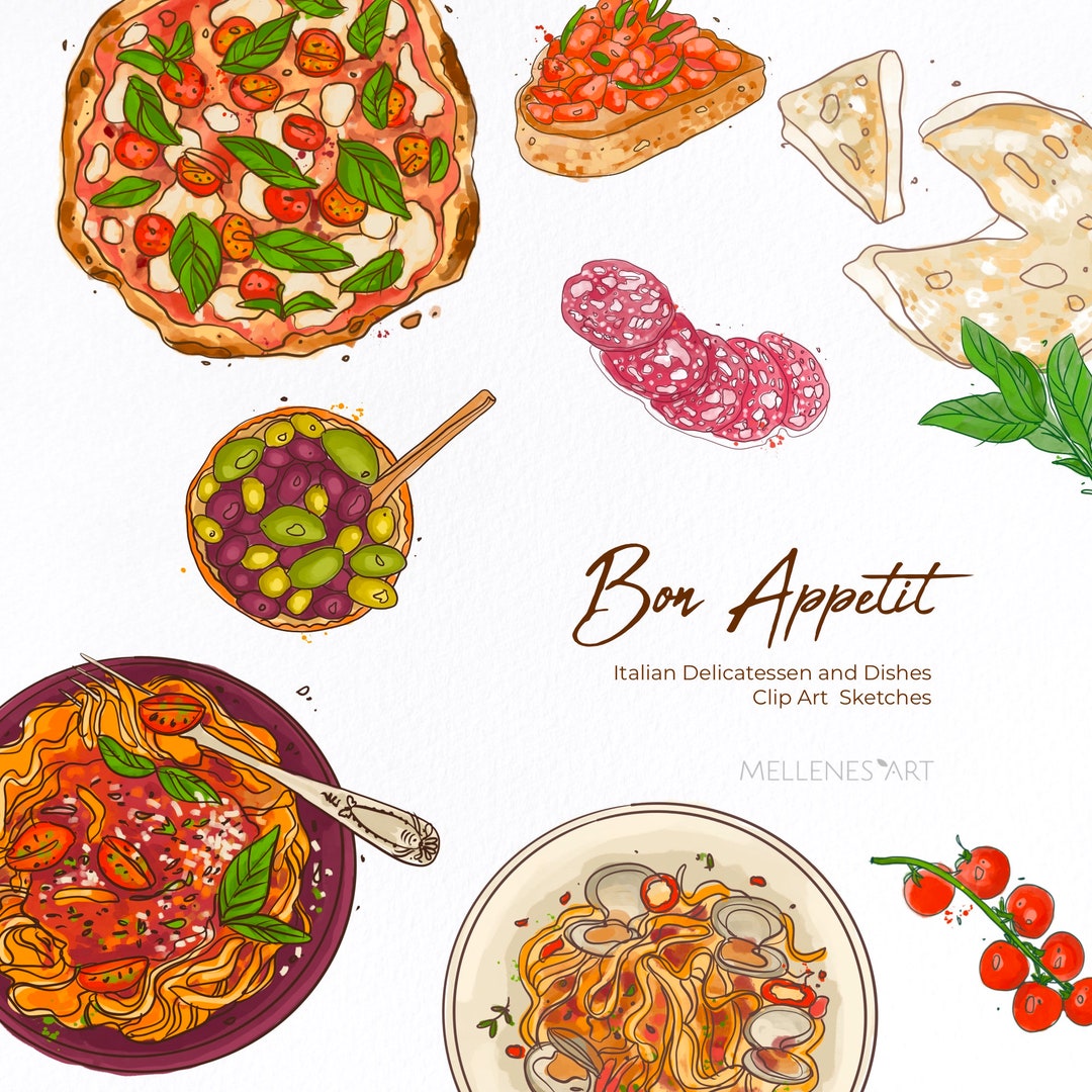 Italian Food Clip Art Elements. Pizza, Pasta, Olives, Sausage Clipart ...