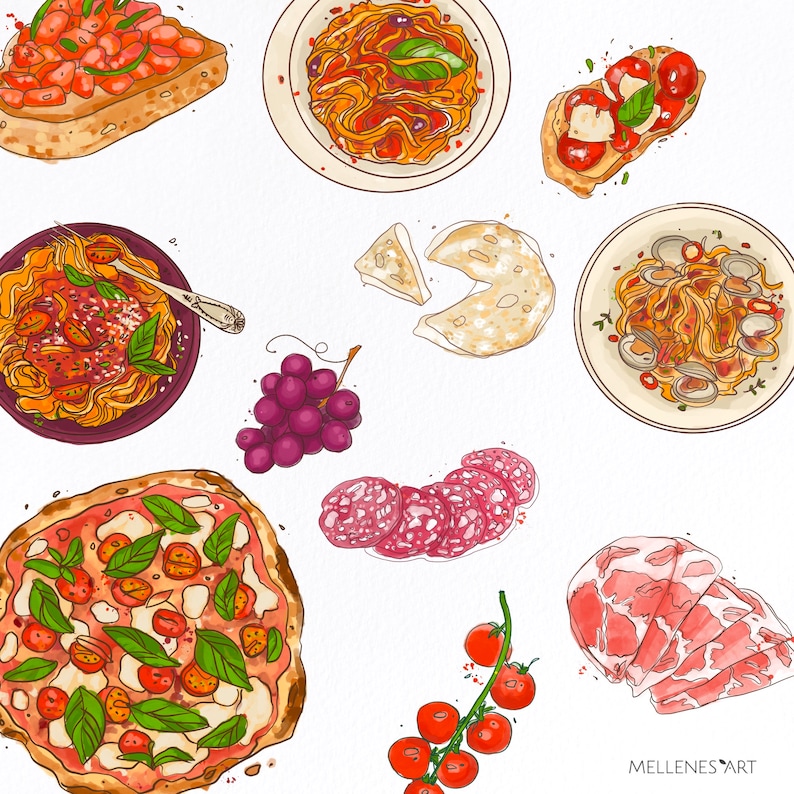 Italian Food Clip Art Elements. Pizza, Pasta, Olives, Sausage Clipart ...