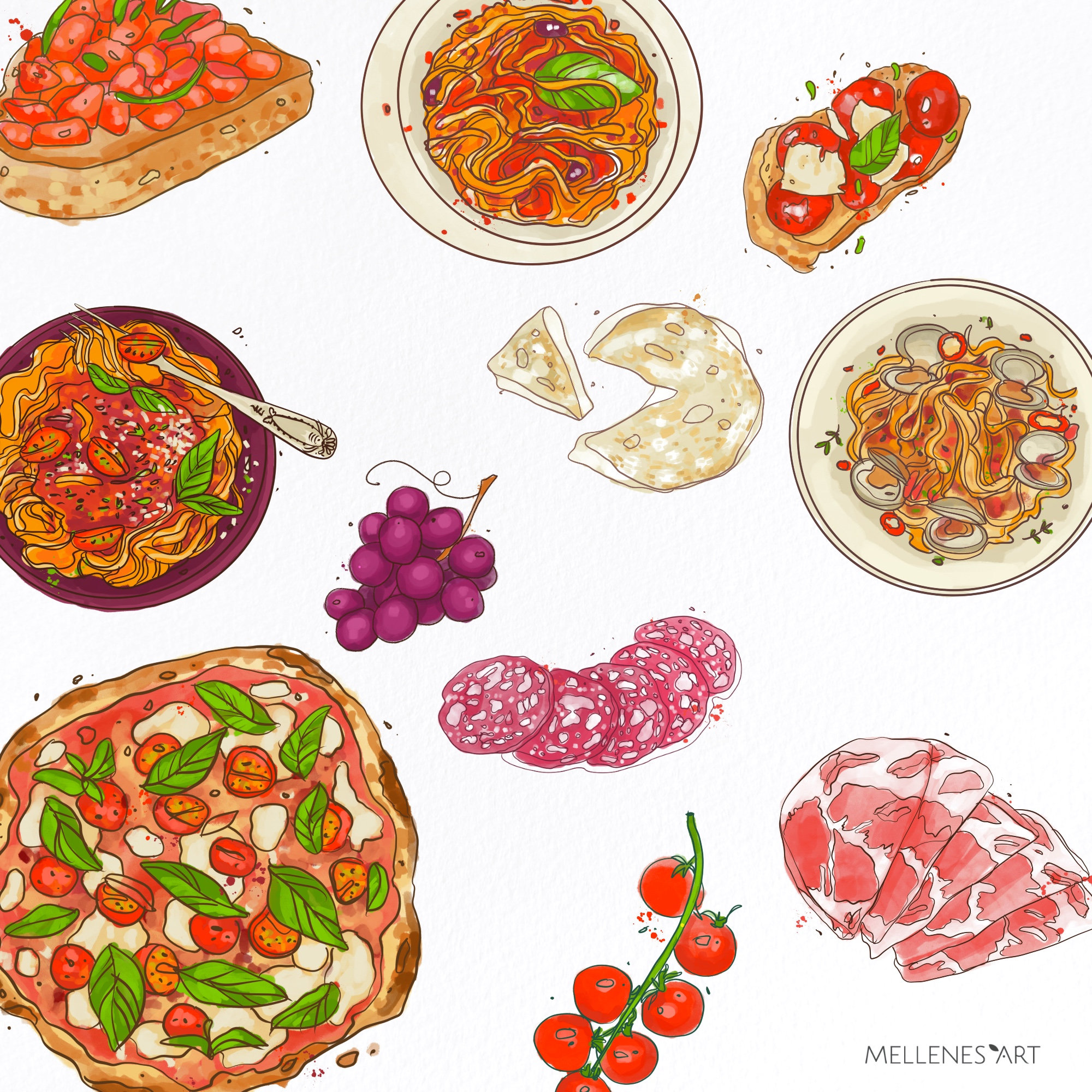 Italian Food Clip Art Elements. Pizza, Pasta, Olives, Sausage Clipart ...