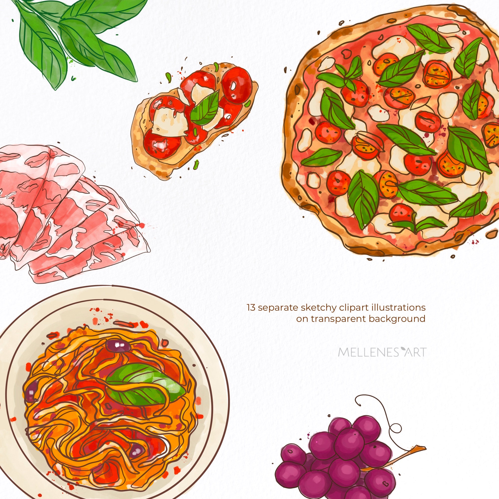 Italian Food Clip Art Elements. Pizza, Pasta, Olives, Sausage Clipart ...