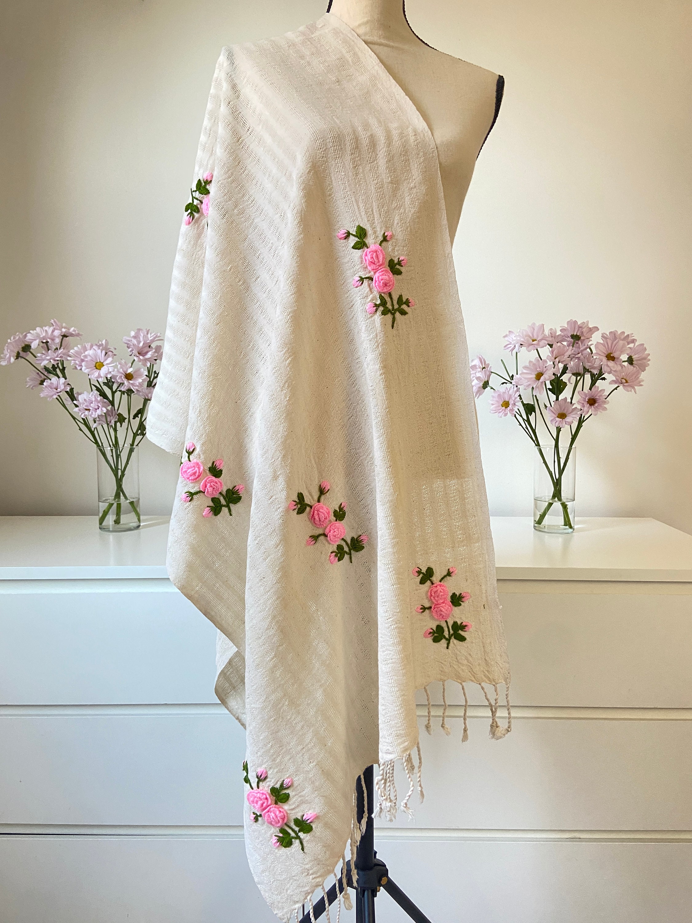 Baby Pink Roses Hand Embroidery & Hand Woven Natural Cotton Shawl - Etsy