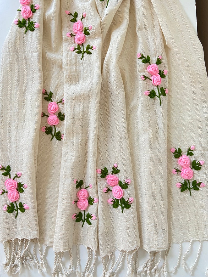 Baby Pink Roses Hand Embroidery & Hand Woven Natural Cotton Shawl - Etsy