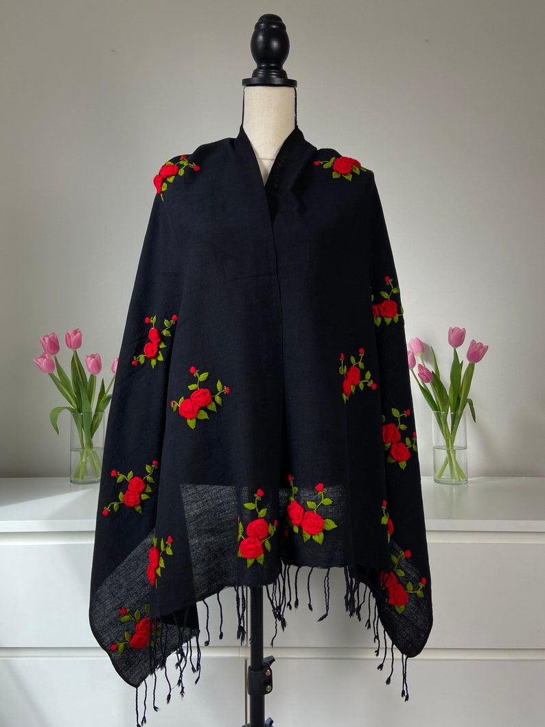 Red Roses in Black Hand Embroidery Shawl - Etsy