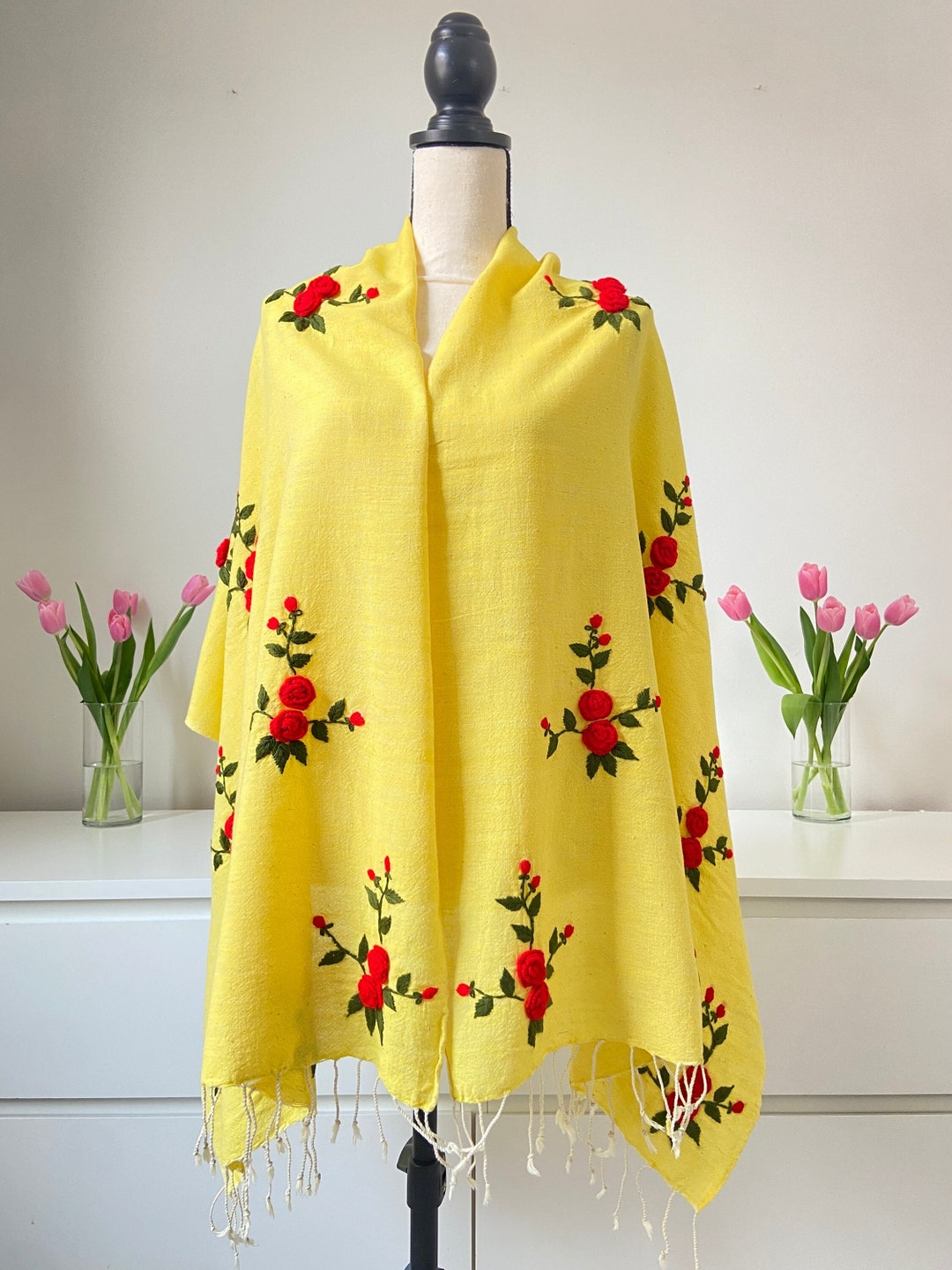 Red Roses in Yellow - Hand Embroidery Shawl - Etsy