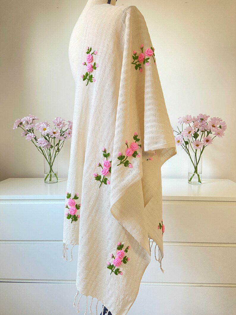 Baby Pink Roses Hand Embroidery & Hand Woven Natural Cotton Shawl - Etsy