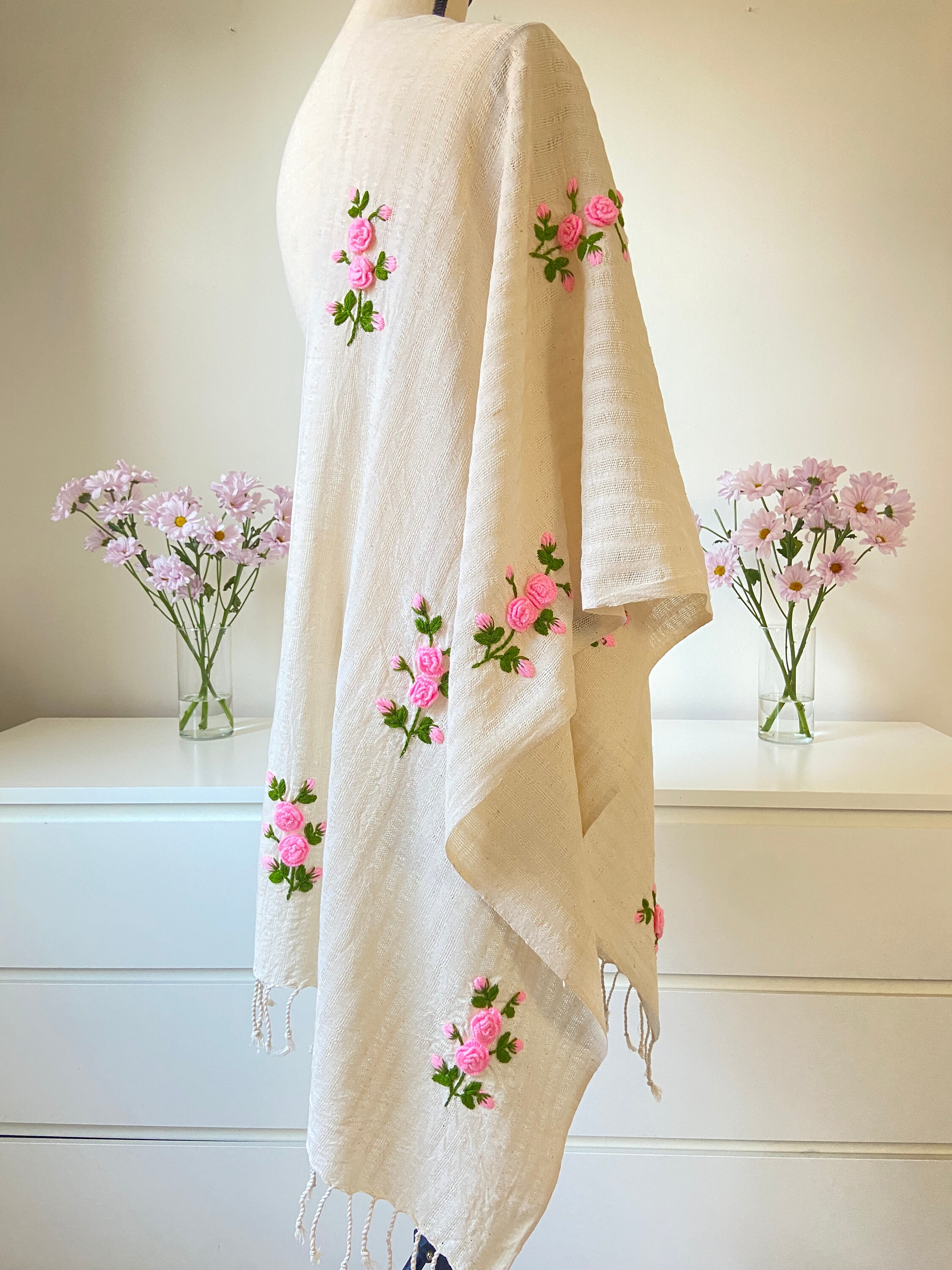 Baby Pink Roses Hand Embroidery & Hand Woven Natural Cotton Shawl - Etsy
